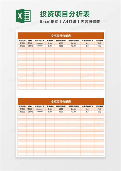 投资项目分析表excel模板下载 熊猫办公