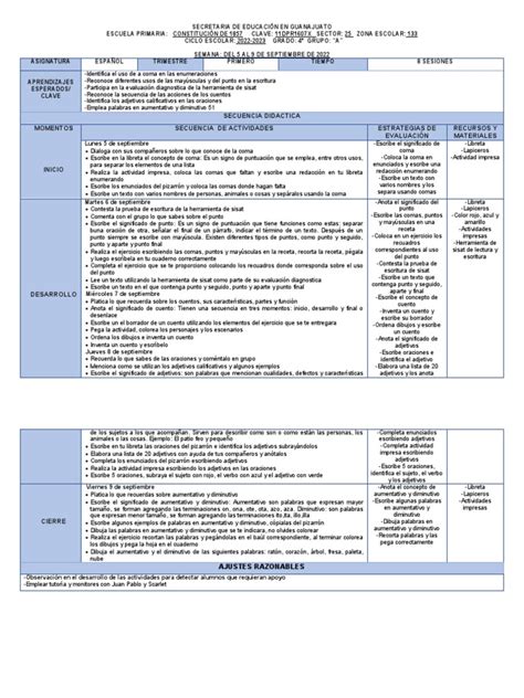 Semana 2 4° A Plan De Clase Pdf
