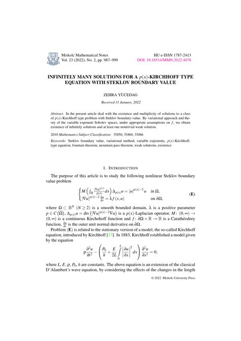 Pdf Infinitely Many Solutions For A P X Kirchhoff Type Equation With Steklov Boundary Value
