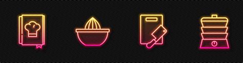 세트 라인 도마와 고기 다지기 요리책 감귤류 과즙 짜는기구 및 슬로우 쿠커 빛나는 네온 아이콘입니다 벡터 가정 생활에 대한 스톡 벡터 아트 및 기타 이미지 Istock