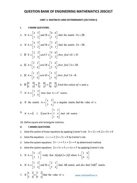 Engineering Mathematics Question Bank 20sc01t 1 Pdf Matrix Mathematics Determinant