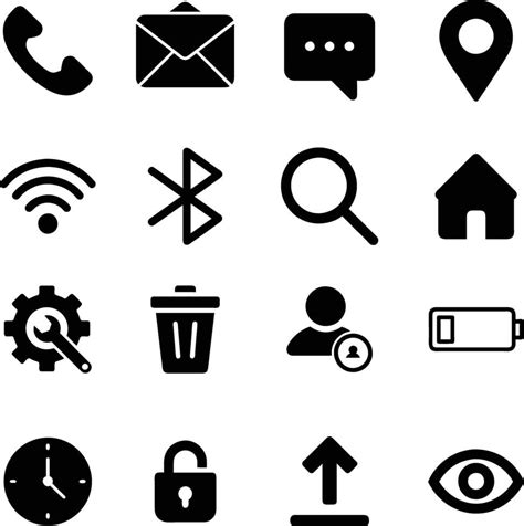 Essential 16 Black Icons For Ui Ux Phone Chat Mail Wifi Gps Cloud Upload Battery