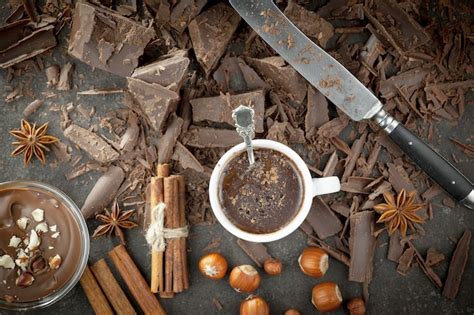 Premium Photo Dark Chocolate In A Composition With Cocoa Beans And Premium Photo Dark Chocolate In A Composition With Cocoa Beans And