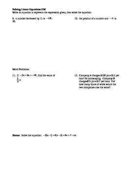 Solving Linear Equations HW By Sarah Dragoon TPT