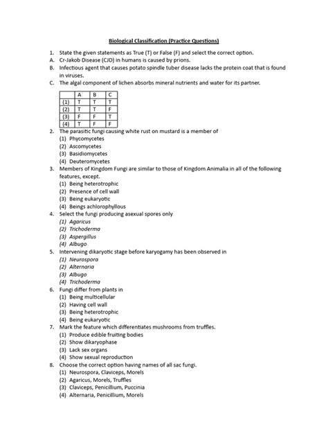 Biological Classification Questions Pdf Fungus Organisms