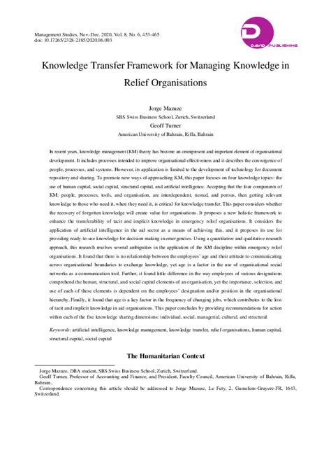 Pdf Knowledge Transfer Framework For Managing Knowledge In Relief