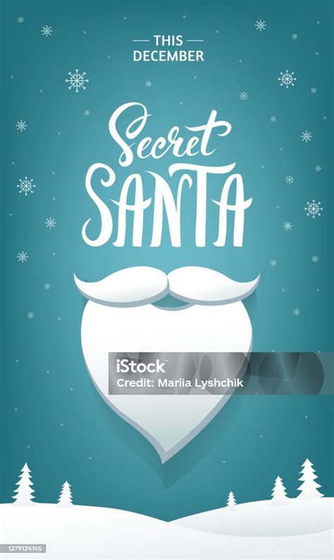 손으로 그린 서예 텍스트와 산타 절 수염 비밀 산타 파티 전단지 또는 전단지 디자인 템플릿 12월에 대한 스톡 벡터 아트 및 기타 이미지 12월 Secret Santa