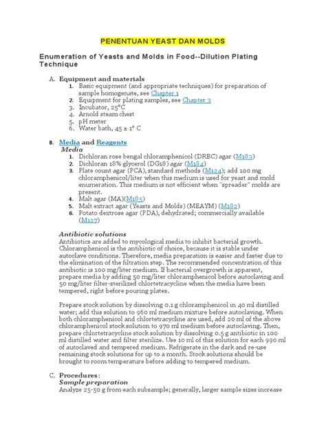 Penentuan Yeast Dan Molds Enumeration Of Yeasts And Molds In Food Dilution Plating Technique