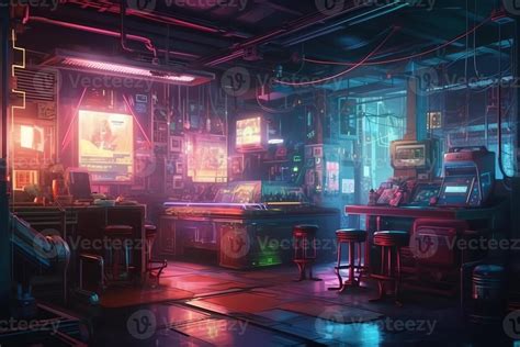 Futuristic Robot Workshop With Neon Lights In Dystopian Style Cyberpunk
