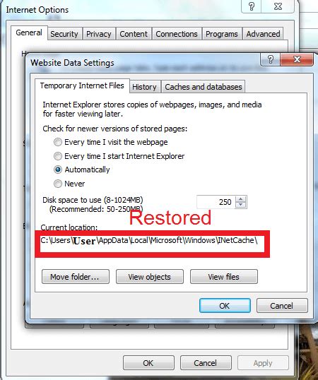 How To Reset Temporary Internet Files Location To Default