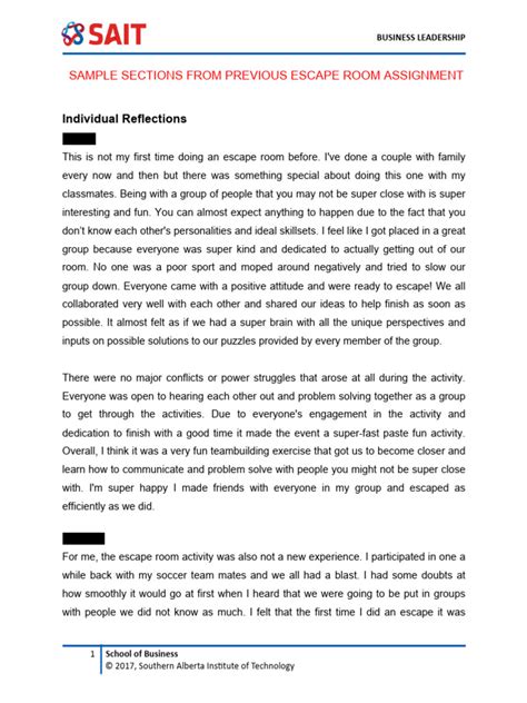 Reflections Previous Escape Room Assignment Pdf Leadership Cognition