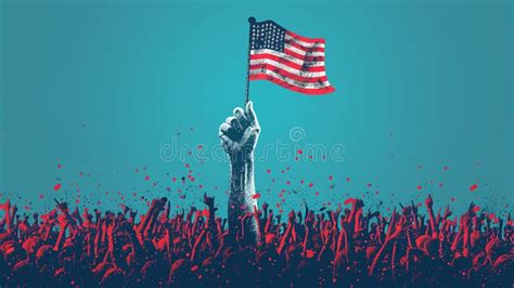 Illustration Of A Patriotic Crowd With Raised Fist Holding American