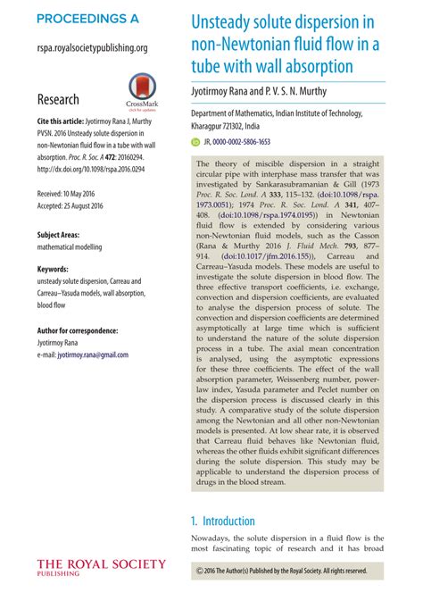 Unsteady Solute Dispersion In Non Newtonian Fluid Flow In A Tube With Wall Absorption Request Pdf