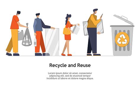 폐기물 재활용 및 재사용 개념 사람들은 용기에 쓰레기를 던지고 있다 텍스트에 배치합니다 환경 보호 생태 지구의 날 플랫 스타일