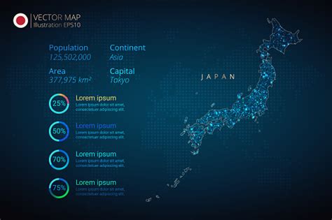 일본 지도 인포그래픽 벡터 템플릿은 파란색 배경에 추상적인 기하학적 메쉬 다각형 조명 개념을 가지고 있다 다이어그램 그래프 프리젠테이션 및 차트를 위한 템플릿 일본에 대한