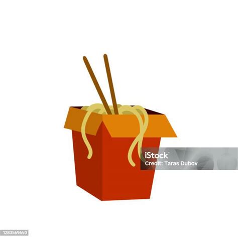 국수 상자 젓가락이 있는 아시아 패스트푸드 웍 마카로니의 빨간 포장 플랫 만화 일러스트레이션 일본 및 중국 정크 길거리 음식 상자에 대한 스톡 벡터 아트 및 기타 이미지