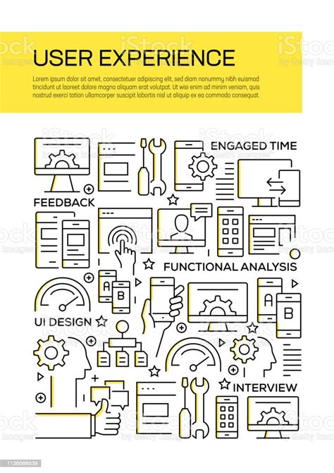 연례 보고서 전단지 브로셔를 위한 사용자 경험 개념 선 스타일 커버 디자인 컴퓨터 사용에 대한 스톡 벡터 아트 및 기타 이미지