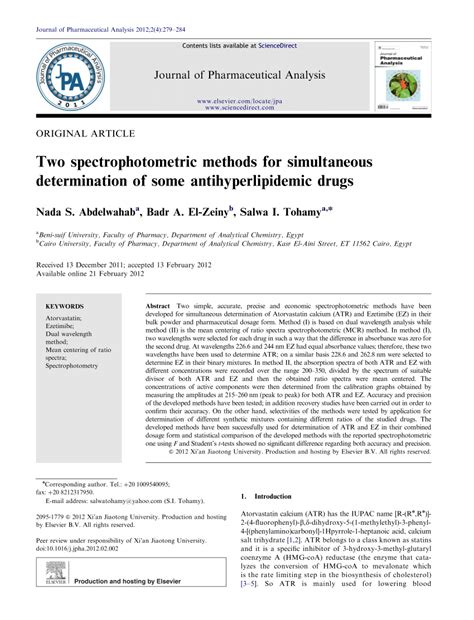 Pdf Two Spectrophotometric Methods For Simultaneous Determination Of Some Antihyperlipidemic Drugs