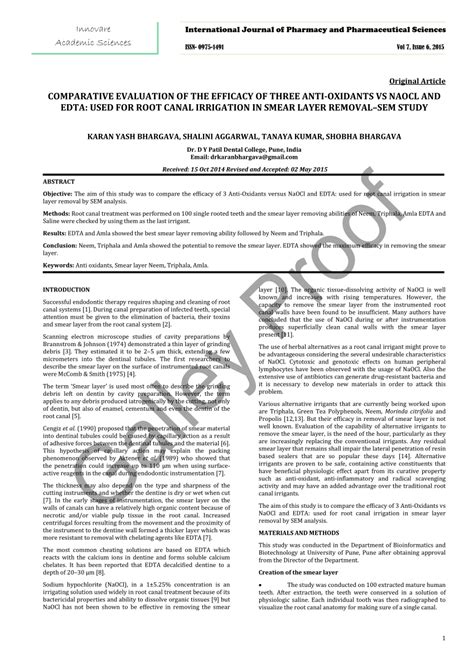 Pdf Comparative Evaluation Of The Efficacy Of Three Anti Oxidants Vs Naocl And Edta Used For