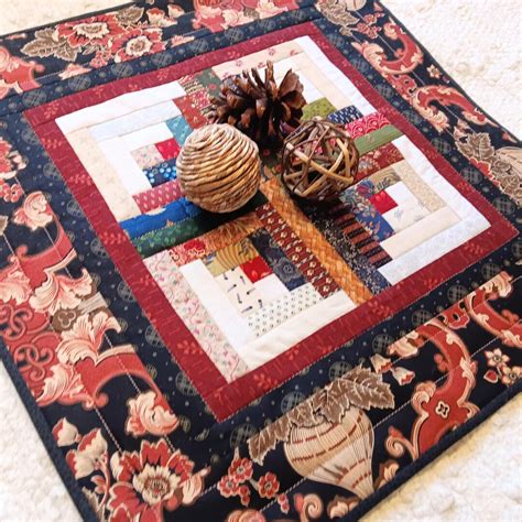 Quilted Log Cabin Table Runner 18 X18 Topper Primitive Rustic Farmhouse Country Cottage Handmade