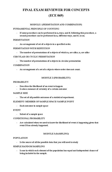 FINAL EXAM REVIEWER FOR ECE PERMUTATIONS PROBABILITY STATISTICS Studocu