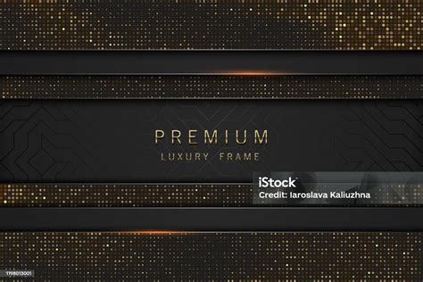 벡터 블랙과 골드 추상 헤드 라인 럭셔리 프레임입니다 검은 색 배경에 반짝이는 스팽글 수평 라인 프리미엄 라벨 디자인 검은색에 대한 스톡 벡터 아트 및 기타 이미지 Istock