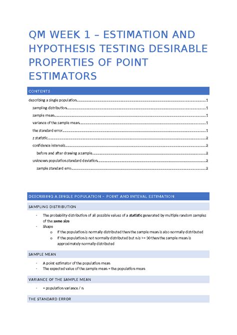Qm Week 1 Qm Week 1 Estimation And Hypothesis Testing Desirable Properties Of Point