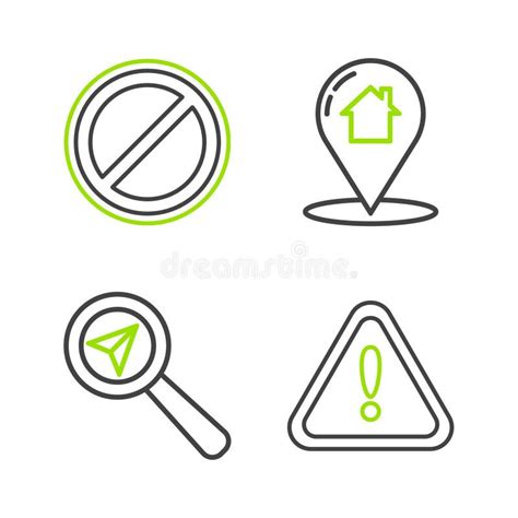 Set Line Exclamation Mark In Triangle Search Location Map Pointer With House And Stop Sign