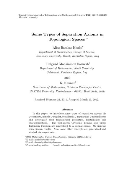 Pdf Some Types Of Separation Axioms In Topological Spaces