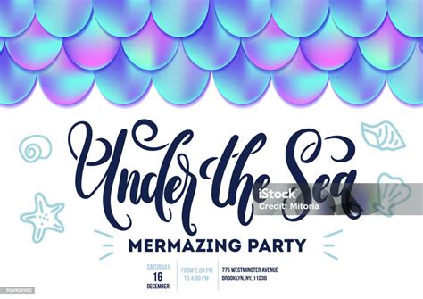 인 어 공주 장미 골 조개와 레터링 파티 초대 카드 생일 기념일 여름 파티 등 우아한 디자인 서식 파일 해군 파란색 배경에 반짝이 벡터 바다 요소 여자 인어에 대한 스톡