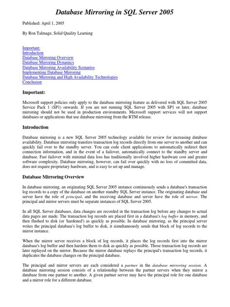 Database Mirroring In Sql Server 2005 Pdf Microsoft Sql Server Databases