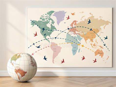 Bird Migratio Map With Arrows And Pastel Globe On Light Background Stock Illustration