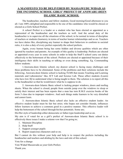 Student Prefect Manifestos Answaru Deen Islamic Basic School