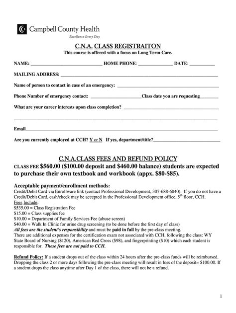 Fillable Online Cchwyo Cna Class Registraiton Cchwyoorg Fax Email