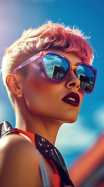 Mujer Con Gafas De Sol De Pelo Corto En Traje De Baño Foto Premium