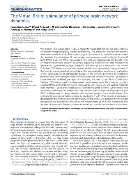 Pdf The Virtual Brain A Neuroinformatics Platform For Simulating