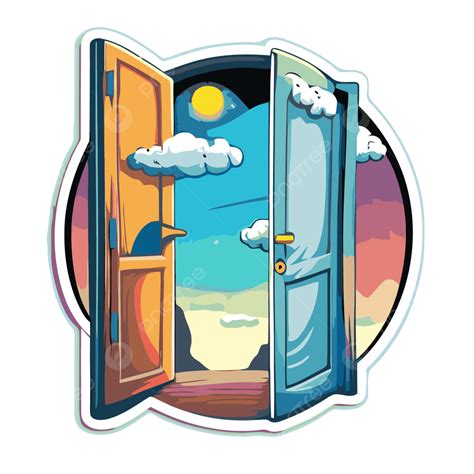ملصق مع فتحت باب الكرتون مع السحب والغيوم المرسومة المتجه تصميم الملصق