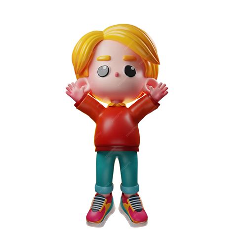 세련된 3d 만화 그림 청바지를 입고 오렌지 후드와 운동화를 신고 점프하는 행복한 포즈를 취하는 남자를 보여줍니다 프리미엄