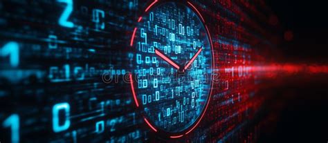 a clock made of binary code numbers glowing in blue and red light with