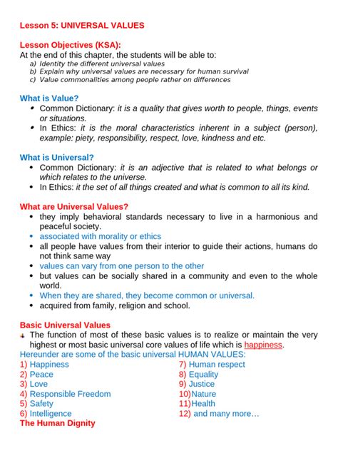 Lesson 5 Universal Values Pdf