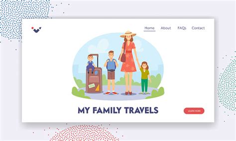 패밀리 여행 방문 페이지 템플릿입니다 여름 방학에 여행하는 어머니와 아이들 엄마와 아이들과 함께 여행 가족에 대한 스톡 벡터 아트 및 기타 이미지 Istock