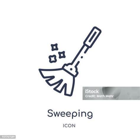 정리 개요 모음에서 선형 스윕 아이콘입니다 얇은 라인은 흰색 배경에 고립 된 벡터를 청소 트 렌 디 한 트렌디한 일러스트 가사 집안일에 대한 스톡 벡터 아트 및 기타 이미지