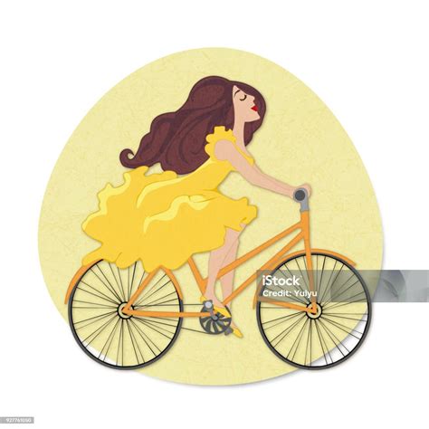 노란색 드레스를 입고 아름 다운 소녀 긍정적인 감정 자전거 타기 두발자전거에 대한 스톡 벡터 아트 및 기타 이미지 두발자전거 드레스 일러스트레이션 Istock