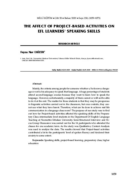 Pdf The Affect Of Project Based Activities On Efl Learners Speaking Skills