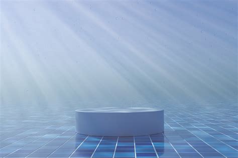 3d 렌더링 Abstact 무대 연단 배경 수영장의 파란색 타일에 둥근 연단 및 제품 전시 모형 진열장 등을 위해 위에서 빛이
