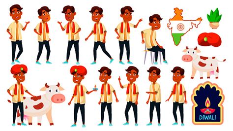 인도 소년 아이 포즈 설정된 벡터 학교 학생입니다 졸업입니다 디 왈 리 성령 암소 대 한 배너 전단지 웹 디자인 격리 된 만화 일러스트 레이 션 9월에 대한 스톡 벡터 아트