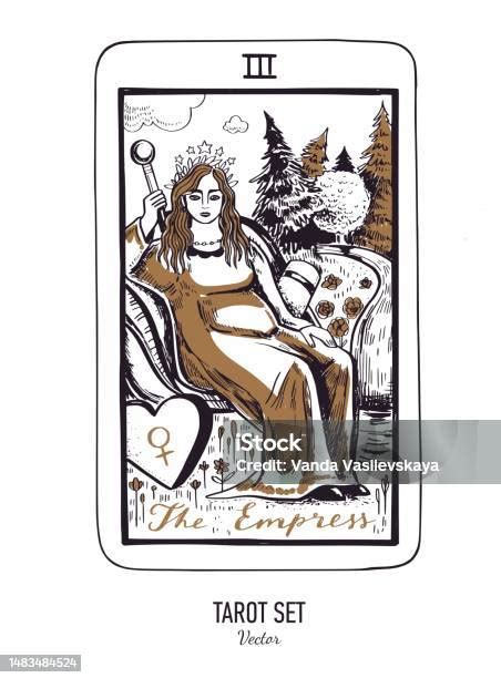 벡터 손으로 그린 타로 카드 덱입니다 소령 아르카나 황후 빈티지 스타일이 새겨져 있습니다 오컬트 영적 및 연금술 상징주의 그래픽 프린트에 대한 스톡 벡터 아트 및 기타