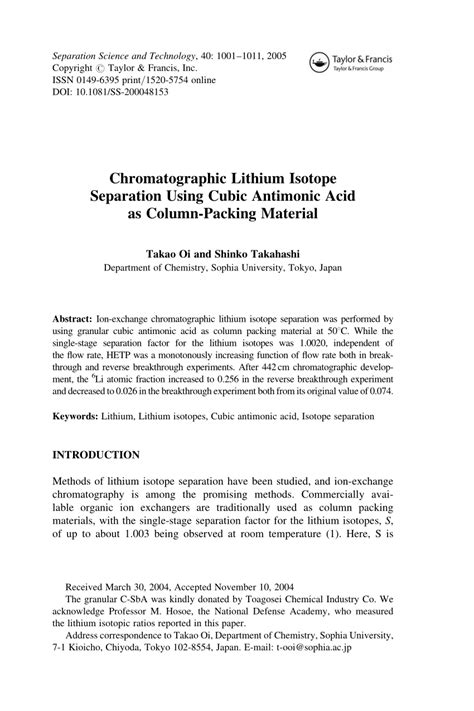 Pdf Chromatographic Lithium Isotope Separation Using Cubic Antimonic Acid As Column Packing