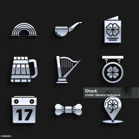 하프 나비 넥타이 위치 및 네 잎 클로버 거리 간판 성 패트릭의 날 달력 나무 맥주 머그잔 패트릭 데이 전단지 브로셔 엽서 및 무지개 아이콘을 설정합니다 벡터 0명에 대한