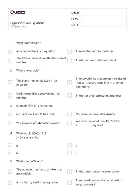 50 Understanding Expressions And Equations Worksheets For Kindergarten On Quizizz Free